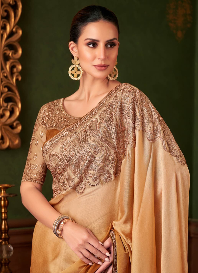 Buy Light Brown Chiffon Embroidery Work Party Wear Saree Online From Surat Wholesale Shop.